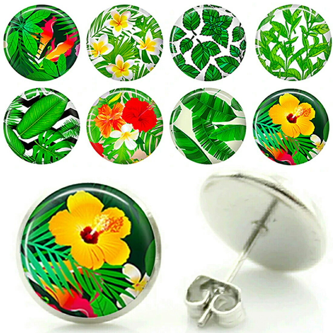 南国ムード漂うハイビスカスの花や大きな木の葉をデザインした14mmカボションをサージカルステンレス316L製のポストにセットしたステンレスピアスです。 ハワイアンレストランのスタッフやフラダンス教室に通うママにもオススメのスタッドピアスです...
