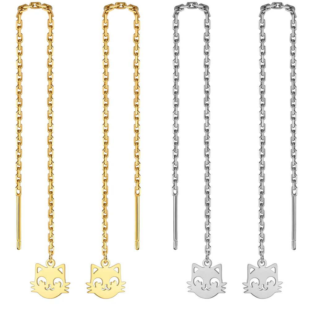 キャットフェイスロングチェーンステンレスピアスは、キュートな猫の顔のチャームが長いクサリの先端で揺れるオシャレなチェーンピアス。ペットショップの店員さんにも人気！シルバーとゴールドの2色展開で、可愛いデザインが特徴です。ネコのモチーフが愛ら...