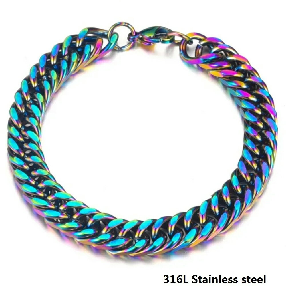 上下左右の4面をカットしたサージカルステンレス316L製の喜平ブレスレットを虹色にレインボーメッキした個性的なステンレスブレスレット。 8ミリの太さのキヘイブレスレットを4面カットに仕上げることで、野暮ったくないスタイリッシュなフォルムに仕...