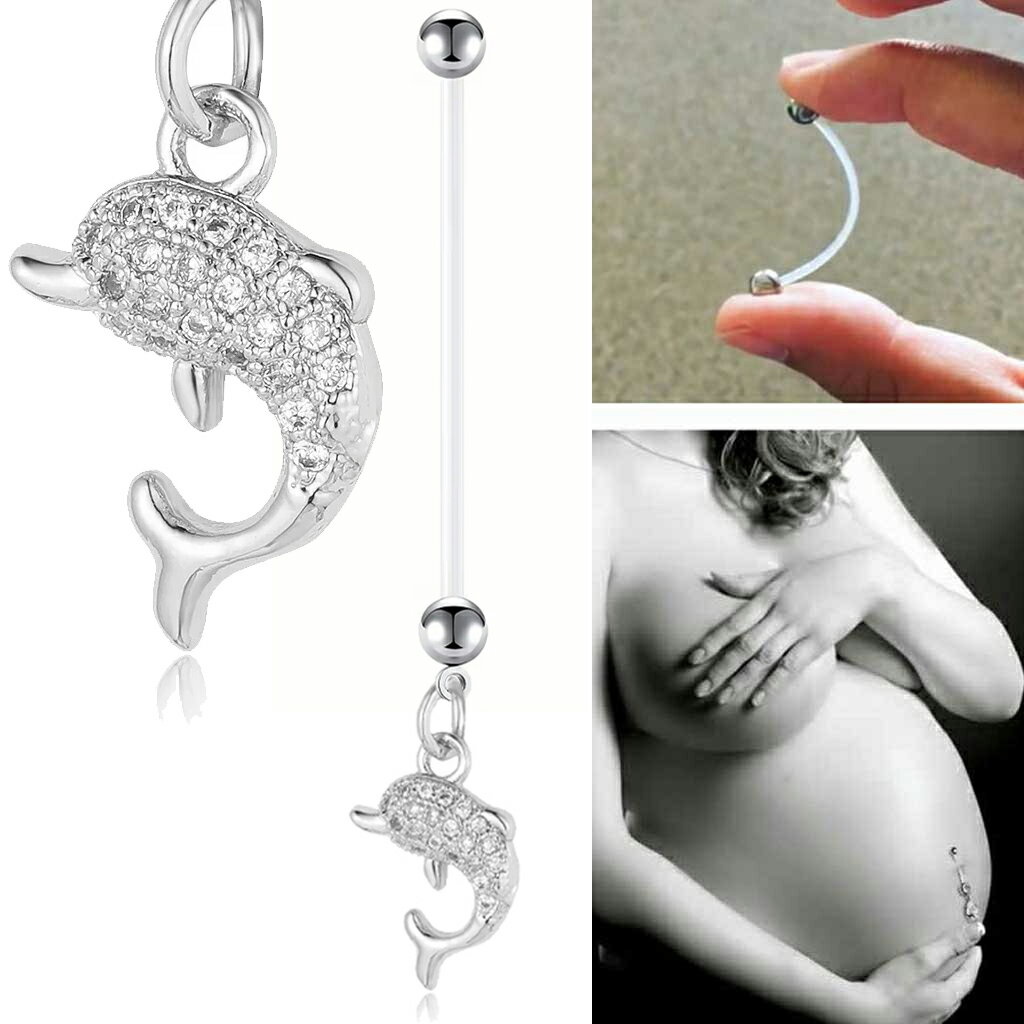 キラキラのジュエルをセットしたドルフィンのチャームが揺れるマタニティへそピアス。 シャフト部分が長いテフロン素材で出来ているので妊娠の時に皮膚が伸びても大丈夫。また、テフロンは抗菌性も高く安心のヘソピアスです。妊娠中の人でも、ピアスホールに...