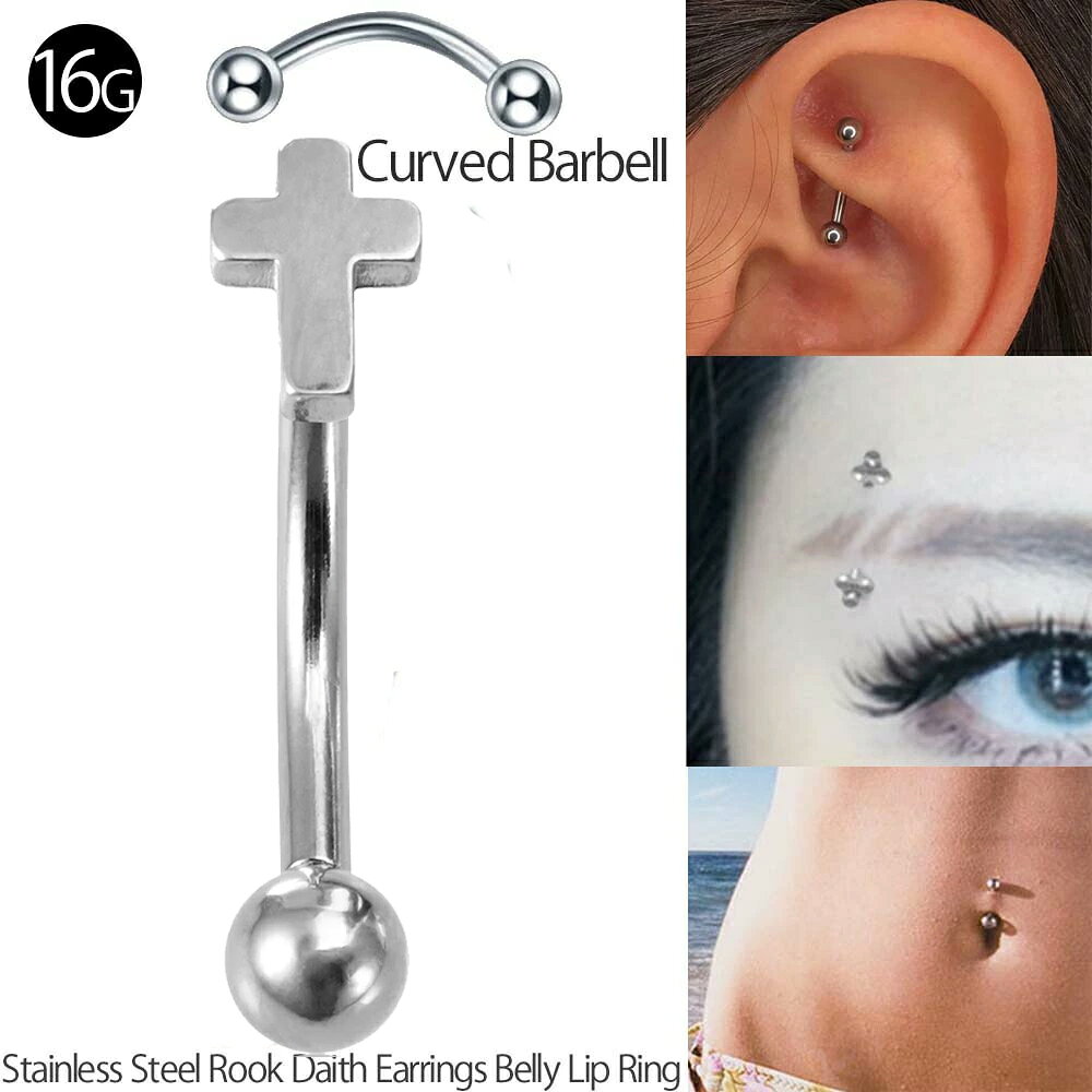十字架クロスを16ゲージのカーブバーベル（バナナバーベル）にデザインしたボディピアス。 外ネジタイプのアウトターナルタイプのネジボールのカーブバーベル型ボディーピアスは装着もしやすく男性からも女性からも人気。 シャフトの素材もボールの素材も...