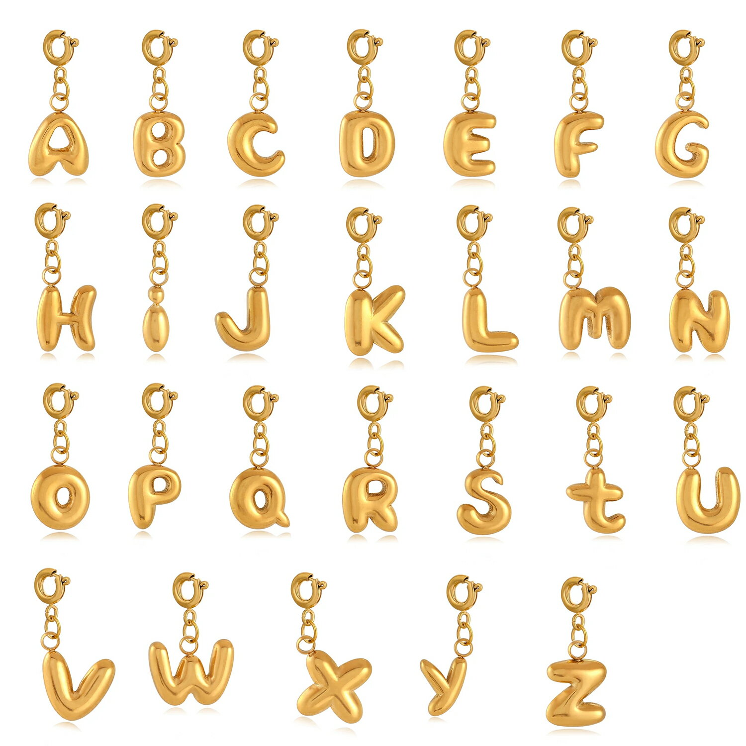 カニカン付きゴールドバルーンアルファベットステンレスチャームパーツは、個性的なデザインで、あなたのアクセサリーを特別なものに変えます。ぷっくりとした風船のような形状が特徴で、イニシャルを選んでカスタムメイドのピアスやキーホルダー、ストラップ...