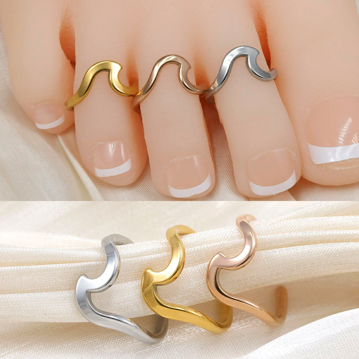 安心のステンレス製のトゥリング。大きな波をモチーフにした海や川にぴったりのイメージの足の指輪。 シルバー、ゴールド、ピンクゴールドの3色展開で、どんなスタイルにも合わせやすい一品です。リングサイズは9号サイズのフリーサイズで、足の指や小指、...