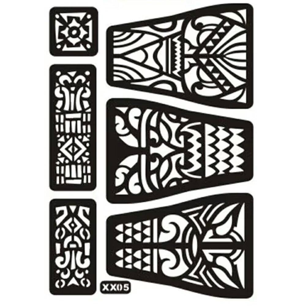 6枚のエスニックなボヘミアンなトーテムポールのようなユニークなデザインをモチーフにした 顔や手や足、背中やお腹、胸やおへそ、足首や太腿などいろいろな場所にフェイクタトゥーを簡単に描けるヘナタトゥー用のステンシルシートステッカーです。 型にデ...