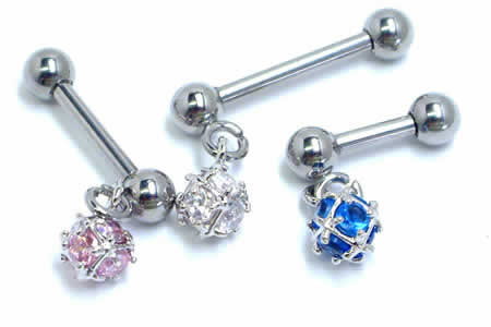 [カラーチャート（左から）]レッド、ピンク、クリスタル、アメジスト、ライトサファイア、サファイア人気のバーベルに、立方体のすべての面にキュービックジルコニアをセットした、ミラーボールのようなパーツをリンクさせたキラキラのボディピアス。ゲージ...