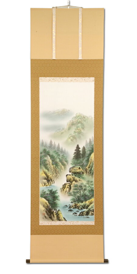ギフト対応 日本の深山幽谷の情景を色鮮やかに描いた作品です。ご自宅の年中掛けとしては、もちろん、ご新築のお祝いに最適です。 &nbsp; 作者 中村翠明 サイズ 三段表装仕上げ 掛けた時のサイズ　約53×183cm（尺五立） 桐箱入でお届け...