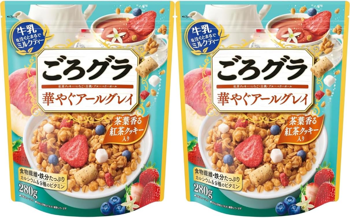 アールグレイの香りと味わいで、具材のおいしさが引き立つザクザクとした食感のシリアル生地に、アールグレイの茶葉が入った紅茶クッキー、大きめスライスいちご、白桃、ブルーベリーボール、粒いちごを加えました。牛乳をかけて食べると、ミルクティーのよう...