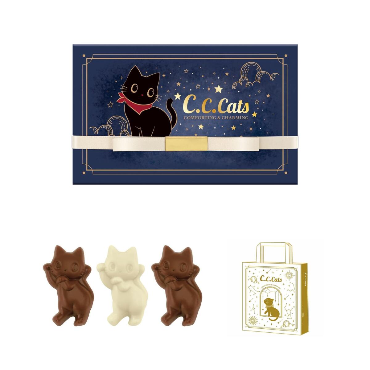 招き猫形のチョコが3個入ったパッケージ商品です。