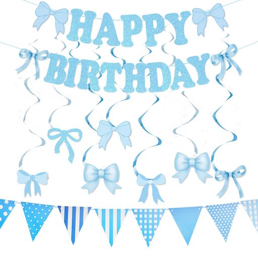 【リボンの誕生日飾り付けセット】内容:リボン付き「HAPPY BIRTHDAY」文字ガーランドx1、リボンスワールx7、三角フラッグx1、プラスチック針x2、紐x2。水色のリボンが可愛らしい雰囲気を演出し、男の子の誕生日パーティーの飾り付け...
