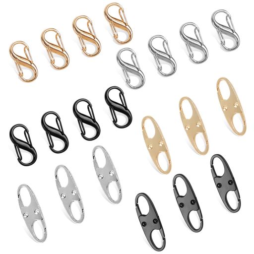 【仕様】8字ロックが12個入り:3.7CMX1.2CM、S字ロックが9個入り:2.7CMX1.3CM、合計21個。カラー:黒、銀、黄(ブラック、シルバー、ゴールド)三色。 【盗難防止】両開きタイプがファスナーやジップコネクターの代わりとして...