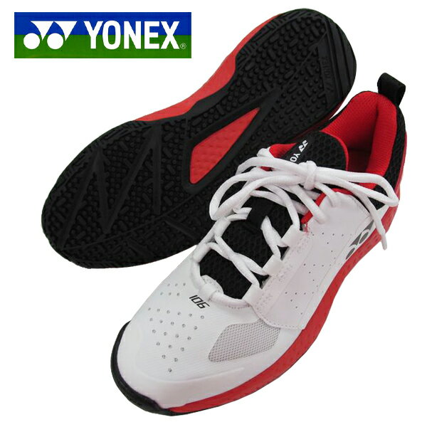快適な履き心地と安定性を両立させた、パワークッション搭載入門モデル。 【メーカー】ヨネックス 【商品名】パワークッション106 【品番】SHT106 【カラー】ホワイト×レッド 【素材】甲材：人工皮革＋合成繊維+合成樹脂 ミッドソール:合成...