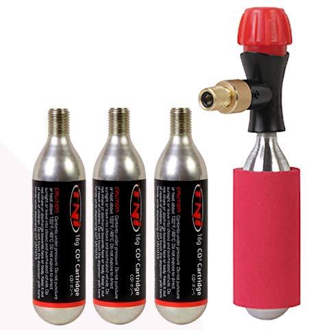 TNI CO2 インフレーター ボンベセット エアバルブ 米式 仏式兼用 CO2ボンベ 16g×4本 バルブタイプ 黒 赤 最新ヘッド米式・仏式兼用タイプ　レギュレーター(ボンベヘッド)+スペアボンベ16g×4個付きバルブを回転させるだけで...