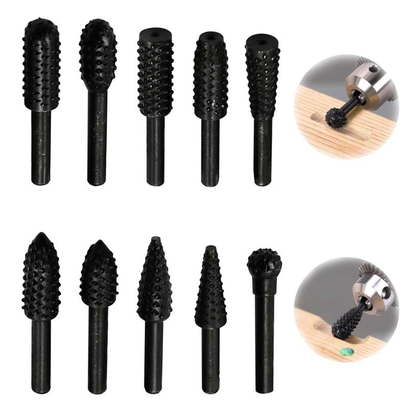 回転ヤスリ 10本セット ロータリーヤスリ 電動ドライバー ヤスリ 木工,鉄工用 木工用 超硬バー リューター 研磨面取り研磨 バリ取り 金属加工 ロータリーファイル彫刻研削ビットリューター【様々なニーズに対応】6.3mm シャフトパッケー...