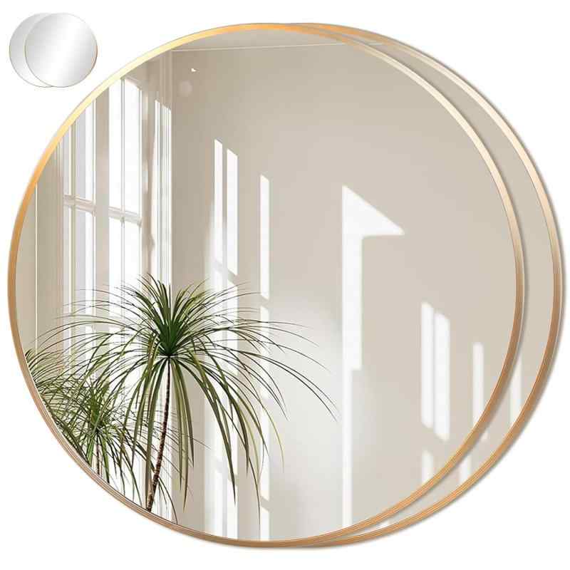 ミラー 鏡 壁掛け 丸型Hohoemi 鏡 壁掛けミラー2枚 アルミフレーム 壁掛け鏡 バスルームミラー 丸型ミラー 化粧鏡 リビング ウォール 玄関 洗面 トイレ 円形(ゴールド, 直径40cm,2枚)