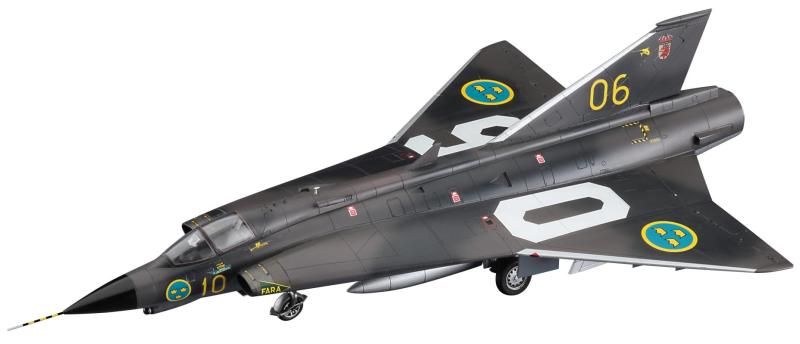 ハセガワ 1/72 スウェーデン空軍 J35F ドラケン プラモデル E48組み立て塗装が必要なプラモデル。別途、接着剤や工具、塗料等が必要。1/72スケール未塗装プラスチック組み立てキット完成時サイズ:213×130mm