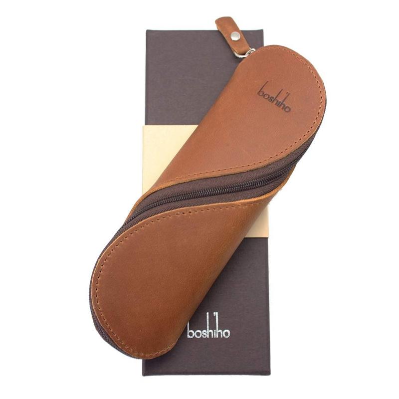 Boshiho ペンケース 本革 筆箱 S字ファスナー メガネケース 大人 メンズ レディース上質な牛革を使用、香りと手触りが素晴らしい天然本革製のペンケースはスリムな大きさ（19.5 * 6 * 3 cm）で、フレームの大きくないメガネケ...