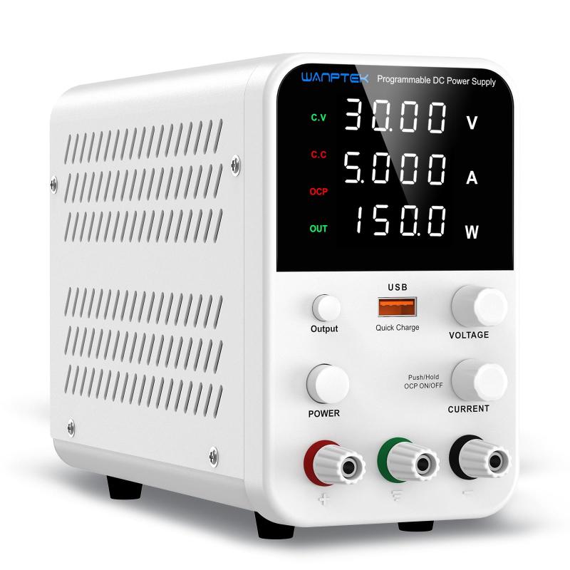 直流安定化電源 0-30V/0-10A、4桁LED高精度可変電源、18W USB急速充電インターフェイス、出力制御押しボタン/エンコーダ調整付きラボ用スイッチング電源