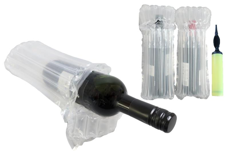 【新改良】ワイン梱包用エアー緩衝材 エアマッスル エアパッキン エアクッション材 衝撃吸収 梱包 包装 緩衝材 (10枚ポンプ付)【ワイン瓶用エアー緩衝材】空気注入後サイズ：W150×D110×H340mm 内寸：300H×70-80mmφ...