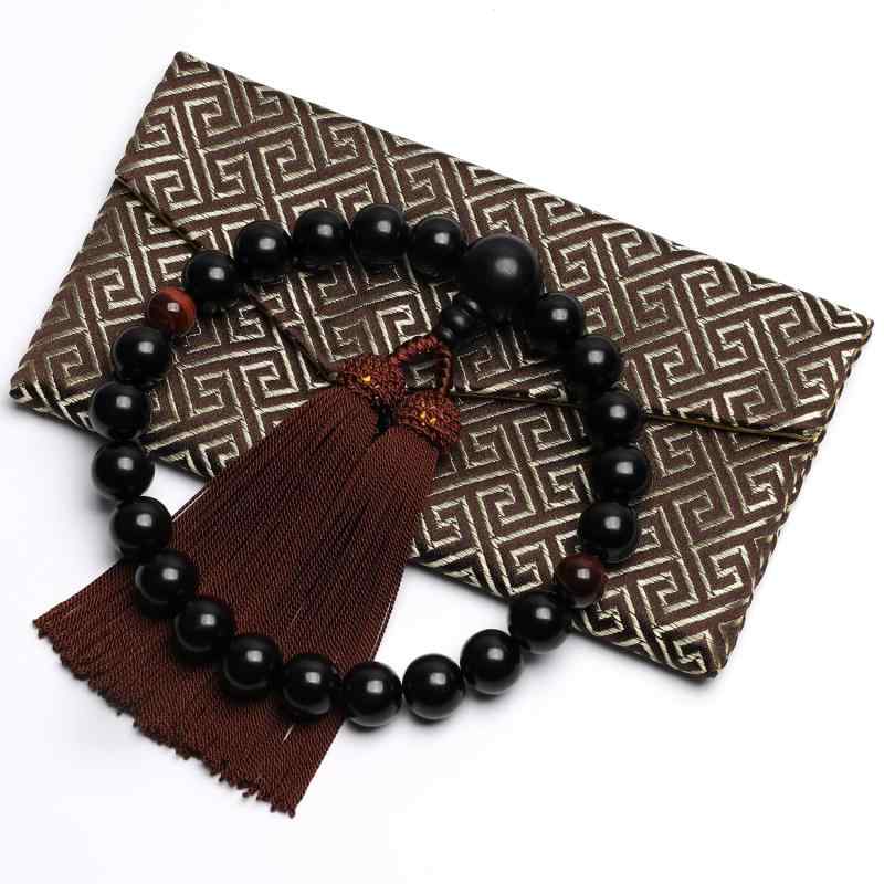 [レオビ-　ストア] LEOBEE 男性用数珠 縞黒檀(艶消) 2天 青（赤）虎目石 マグネット式数珠袋付き 念珠 じゅず 手作り念珠 葬式 葬儀 墓参り 法事 念誦 全ての宗派に使用可能