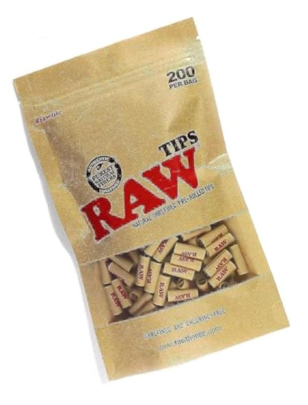 RAW / ロウ NATURAL UNREFINED PRE-ROLLED TIPS 200個入りパック チップ ローチ フィルターRAWのロゴ入り無漂白チップ。200個入。サイズ:直径約6mm　長さ約18mm。チップを巻かずにすぐ使えます...