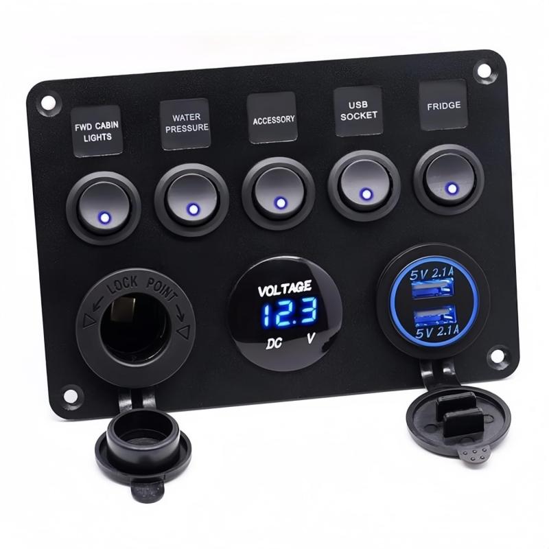 Willthinleye スイッチパネル シガーライターソケット デュアル USBポット LED電圧計付き ロッカーパネル DC 12V/24V マリン ボート 防水 漁船 キャラバン 自動車等に対応 自動車 オートバイ バス ボアルミスイ...