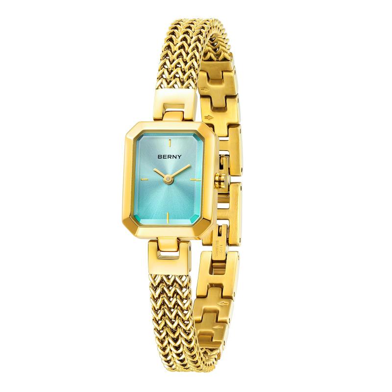 BERNY レディース クォーツ時計 長方形ミニ腕時計 ファッションミニマリスト 3気圧防水 ステンレス鋼取り外し可能なバンド
