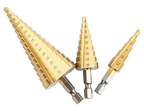 TSUCIA ステップドリル 4-32mm 4-20mm 4-12mmチタンコーティング 六角軸 3本セット材質：特殊鋼、チタンコーティングのステップドリル【仕様】六角軸径：6.35mm。4-32mm15段、4-20mm9段、4-12mm5...