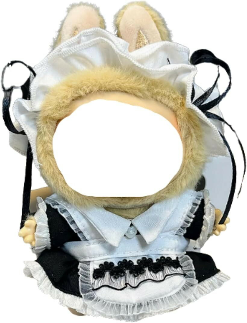 ラブブ用のメイド服です。おしゃれに着せ替えれば、写真撮影やお出かけがもっと楽しくなります。SNS映え間違いなしの可愛さで、つい持ち歩きたくなる推し活・ぬい活の必須アイテムです。「 適用サイズ 」約17cm ラブブ用。「 セット内容 」服・フ...