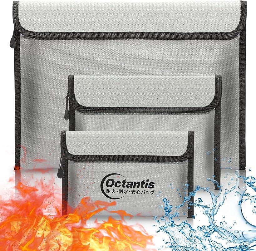 「 S・M・L3サイズ展開」S・M・L3サイズの3点セットの商品です。書類や小物に合わせて選べる幅3サイズ展開の耐火バッグ、Sサイズ：20x13cm　/　Mサイズ：23x18cm　/　Lサイズ：38x28cm　。Lサイズ収納例（A4ファイル...