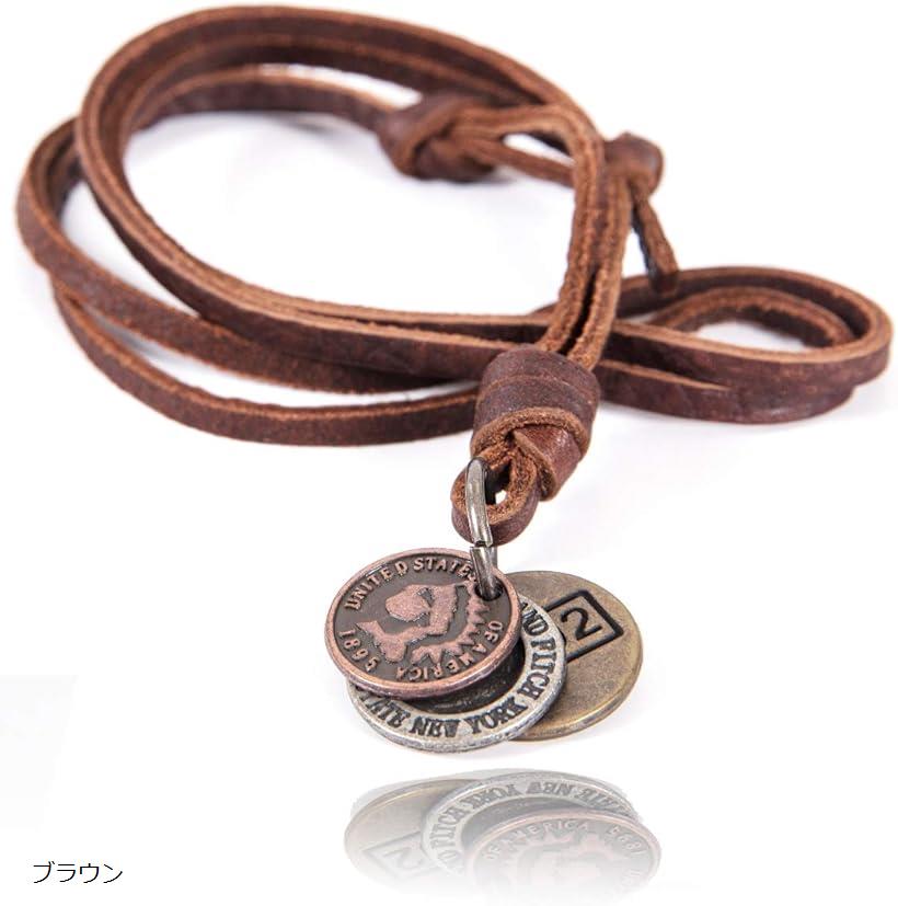 v「 幅広いコーディネートに馴染むアイテム 」メンズでも着用しやすいアクセサリーをお探しの方におすすめの、コインモチーフのネックレス。トップの大きさとしては小ぶりなので、柔らかく着け心地の良い本革（リアルレザー）のロープが醸し出すナチュラル...