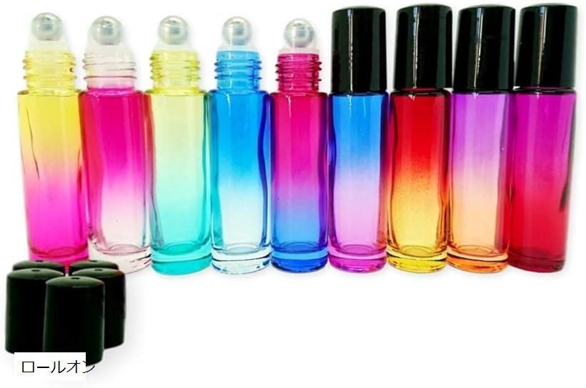 ・スチールボール付きアロマボトル9本セットです。・エッセンシャルオイル、香水、リップ、およびその他の液体など収納できます。・カラフルな色は、匂い、配合ごとにわけるのに調度良く、また、綺麗なボトルは見ているだけで安らぎます。・ガラス製で、手触...