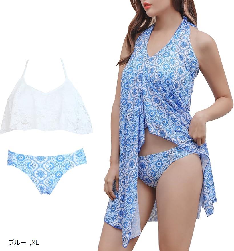 ・「体型カバー水着セット」 ワンピース、ビキニ（ブラ＋ショーツ）の3点セット。夏のビーチで映えるエスニック柄。一度は試したいビキニも、露出控え目のおしゃれなデザイン。ワンピースと組み合わせて、お腹周りや下半身もしっかりカバー。洋服感覚で着こ...