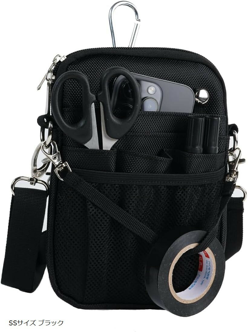2.5cmマチ付き、11ポケットと多数の機能を兼ね備えた仕事用ウエストポーチ。「マチを残しコンパクトにしたSSサイズ版」お客様からご要望により、従来版から約35％サイズを縮小。カラビナも強化版、ベルトループ部分も2重縫製強化版、メインポケッ...