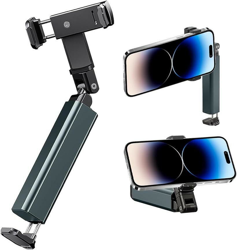 「飛行機旅行を快適にするスマホホルダー」幅4cmまでフィットするベースクランプで、飛行機のシートバック、荷物の取っ手、オフィスの机、キャビネットの扉まで、場所を選ばずこの多用途なスマホスタンドを簡単に取り付け、携帯使用できます。「持ち運び便...