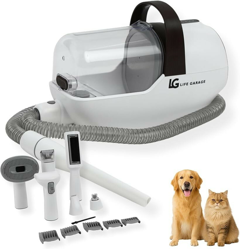 犬猫兼用の7in1ペットグルーミング掃除機セット LIFE GARAGEのペット用バリカンは、グルーミング掃除機と電動バリカンを一体化した多機能タイプ。犬猫兼用で、ブラッシング・トリミング・抜け毛吸引をこれ1台で実現します。ペット用掃除機と...