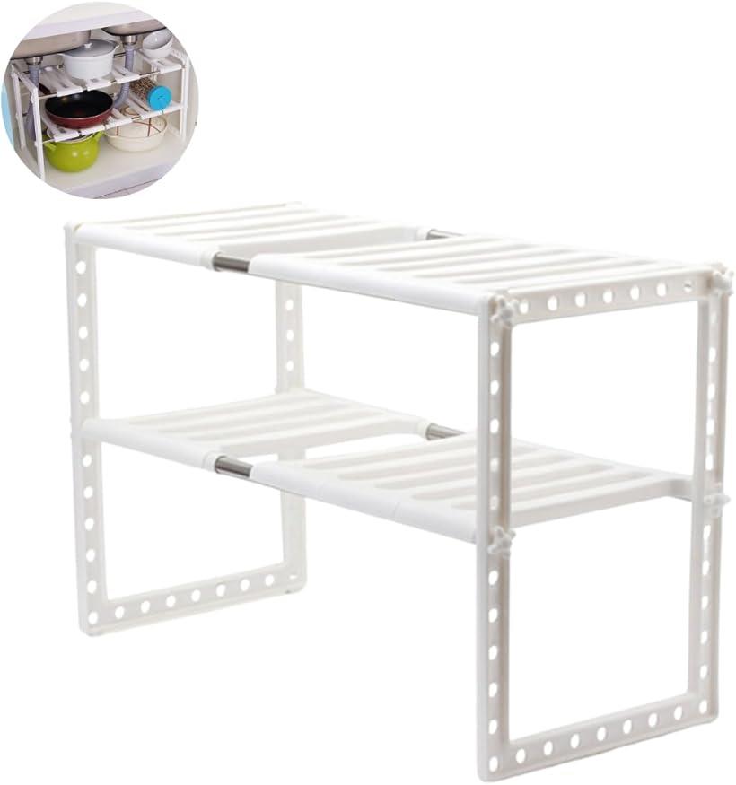 「優れた収納力」伸縮シンク下収納ラックは、厨房の調味料収納、食器収納、ベランダー盆栽収納、浴室用品収納、玄関、シューズ収納など様々な場所に適しています。備品や日用品を整然と収納することで、スペースを有効活用し、快適な生活環境を提供します。「...