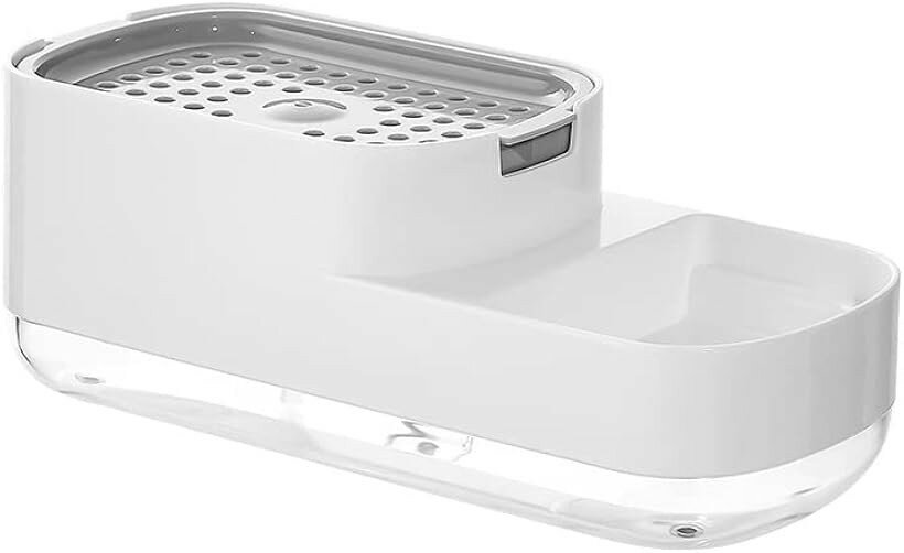 「食器洗いを効率的に」スポンジホルダーとたわし入れ付きの洗剤ディスペンサーです。このディスペンサーは、食器洗い用のブラシやスポンジ、ステンレスたわし、さらにはヘチマまでもすっきり収納できる設計になっています。ワンプッシュで洗剤が出るのでその...