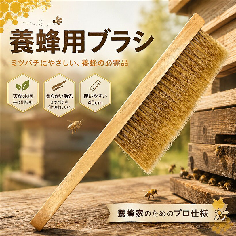 「プロ仕様。使いやすい養蜂用ブラシ」 「養蜂用ブラシ」は、繊細なミツバチの扱いに最適なプロフェッショナルツール。40cmの木製ハンドルで手にしっかりとフィットし、軽量で扱いやすいデザインが特徴です。ミツバチを傷つけず、スムーズに巣箱の作業が...