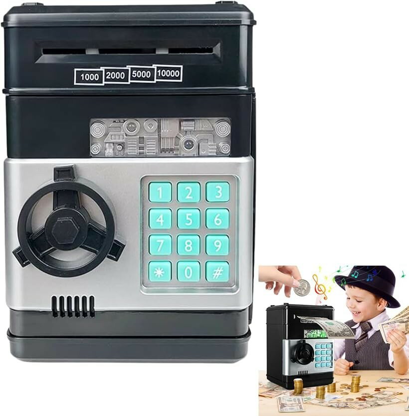 「安心のセキュリティ機能」4桁のパスワードロック機能を搭載しており、高いセキュリティで貯金箱を保護します。子供のお小遣い管理や金銭教育に最適で、節約意識を育てる手助けにもなります。「コインと紙幣の収納」上部からコインを入れ、フロントの自動ス...
