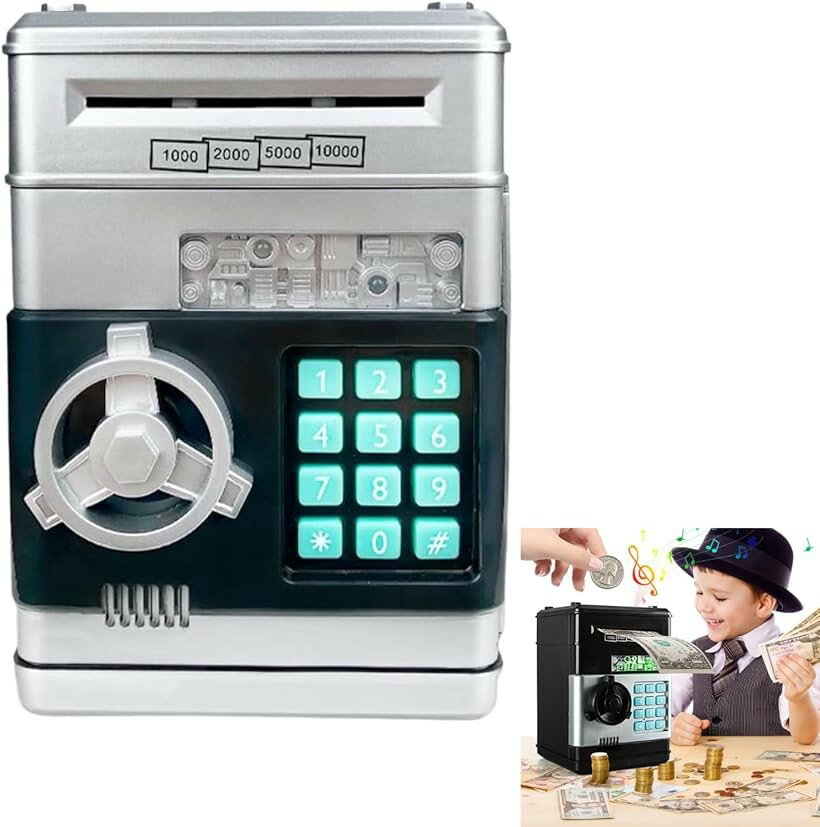 「安心のセキュリティ機能」4桁のパスワードロック機能を搭載しており、高いセキュリティで貯金箱を保護します。子供のお小遣い管理や金銭教育に最適で、節約意識を育てる手助けにもなります。「コインと紙幣の収納」上部からコインを入れ、フロントの自動ス...