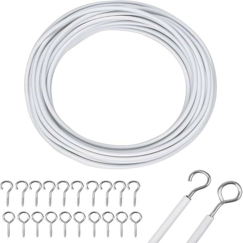 「簡単に設置できるワイヤー」5mのカーテンワイヤーは、窓や棚、間仕切りに最適。お好みの長さにカット可能で、3カ所に設置できる6組のフック付き。カーテンレールやつっぱり棒よりも柔軟に使えて、届いたその日にすぐ設置できるセットです。「工具不要で...