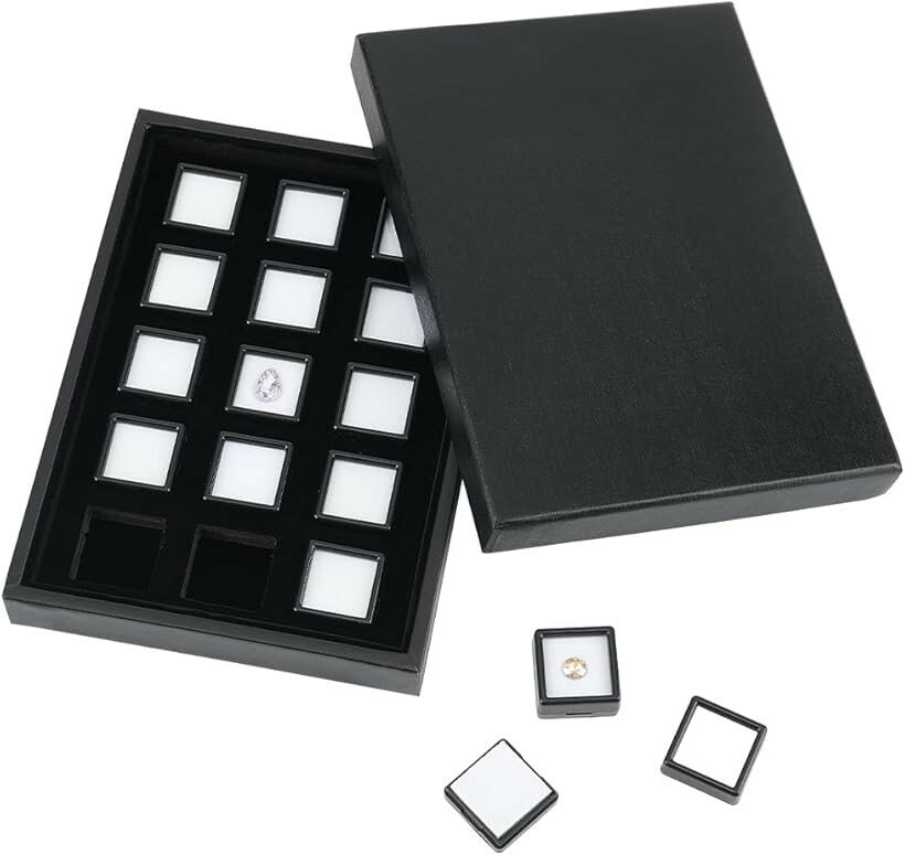 パッケージ＆サイズ：15個の独立したルースケースです。各小箱のサイズは約2.9cmx2.9cmx1.6 cmで、内径は2.5x2.5cmです。大きいルースケース用トレーは21.2x15.5x2.8cmです。素材：高品質なプラスチック素材を用...