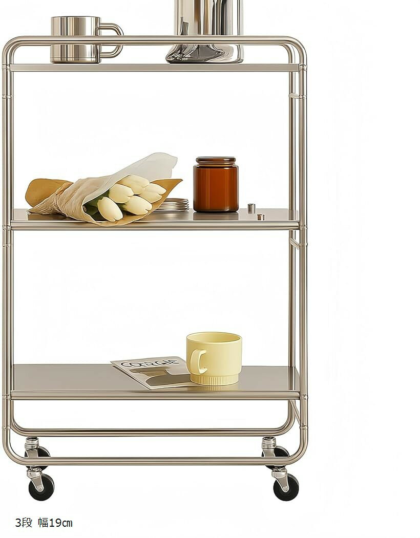 「商品仕様」3段：サイズ：51x19x82cm　素材：ステレンス　＊シェルフ表面の保護フィルムは設置後剥がしてください。剥がしにくい時はドライヤー温風で温めると簡単です。「耐久と耐熱でお手入れ簡単​」キッチンワゴンは高品質のステンレス素材を...