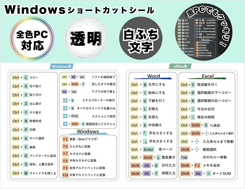 バリエーションコード : 2bru9jj4tl商品コード2bruokh56c商品名ショートカット キー シール 全色PC対応 透明 ステッカー パソコン Windows Excel Word 防水仕様 早見表 キーボード エクセル ワード ...