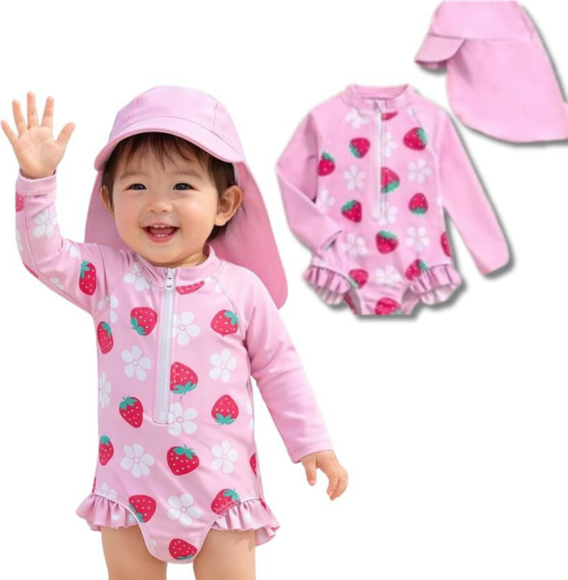 バリエーションコード : 2brpcfsws5商品コード2brpvnl6t2商品名ベビー水着 女の子 赤ちゃん いちご柄 ベビーラッシュガード 長袖 帽子付き 日焼け防止 海デビュー 0歳 1歳 2歳ブランドmo moonカラーベビーピンク...