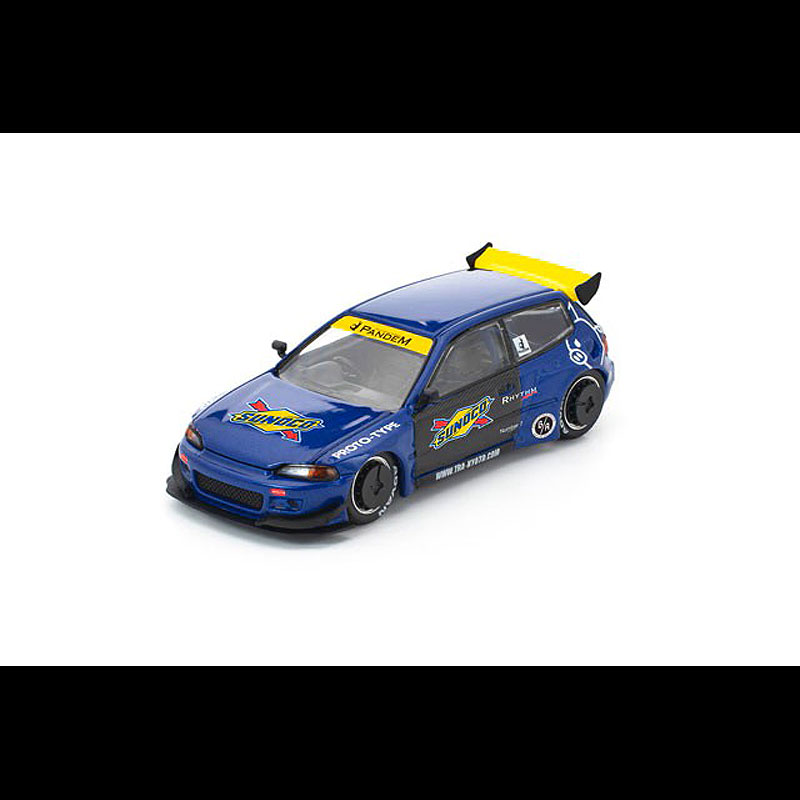 POP RACE(ポップレース) PANDEM CIVIC(EG6)(1/64) PR640365 “パンデム仕様のシビック” ブルーのボディにカーボン調のブラックドア、さらに鮮やかなイエローのリアスポイラーを組み合わせた、個性際立つカスタ...