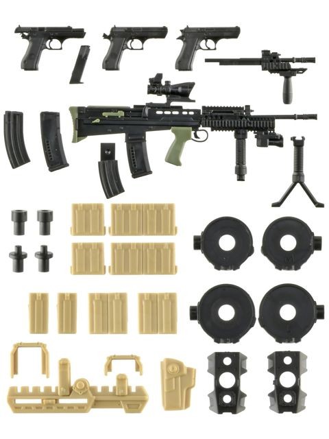 コトブキヤのプラモデルシリーズ『メガミデバイス』と、リアルな銃器モデル『リトルアーモリー』のコラボレーション企画によって、両者の懸け橋となる製品が実現！ 長物ガンに拳銃、ホルスター、マガジンポーチ、ライフルホルダー、アタッチメントが含まれる...