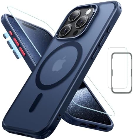 互換性iPhone 15 Pro 専用、半透明マットケース、強化ガラススクリーン保護フィルム、カメラレンズ保護フィルム、交換可能なイージープレスボタン2セット、位置合わせフレーム [位置合わせフレームは、保護フィルムの位置合わせをサポートす...