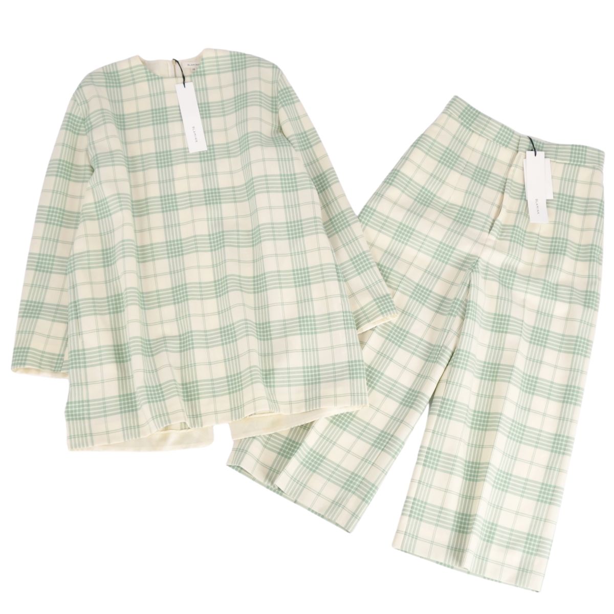 ■商品名ブラミンク BLAMINK セットアップ パンツスーツ ウール チェック シャツ パンツ レディース グリーン サイズ38(M相当)■状態説明・上質なウール素材を使用した、BLAMINKのセットアップ(シャツ/パンツ)です♪・秋冬シ...