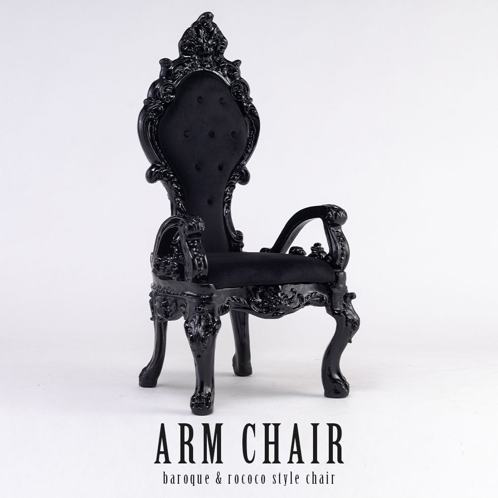 アームチェア 1人掛け ブラックフレーム×ブラックベルベット fp1002-bb ■コメント■ FRP（繊維強化プラスチック）の特性を最大限に活かした豪華なアームチェア 随所に施された装飾が、空間に圧倒的な存在感を与えます 木彫りでは手間と...